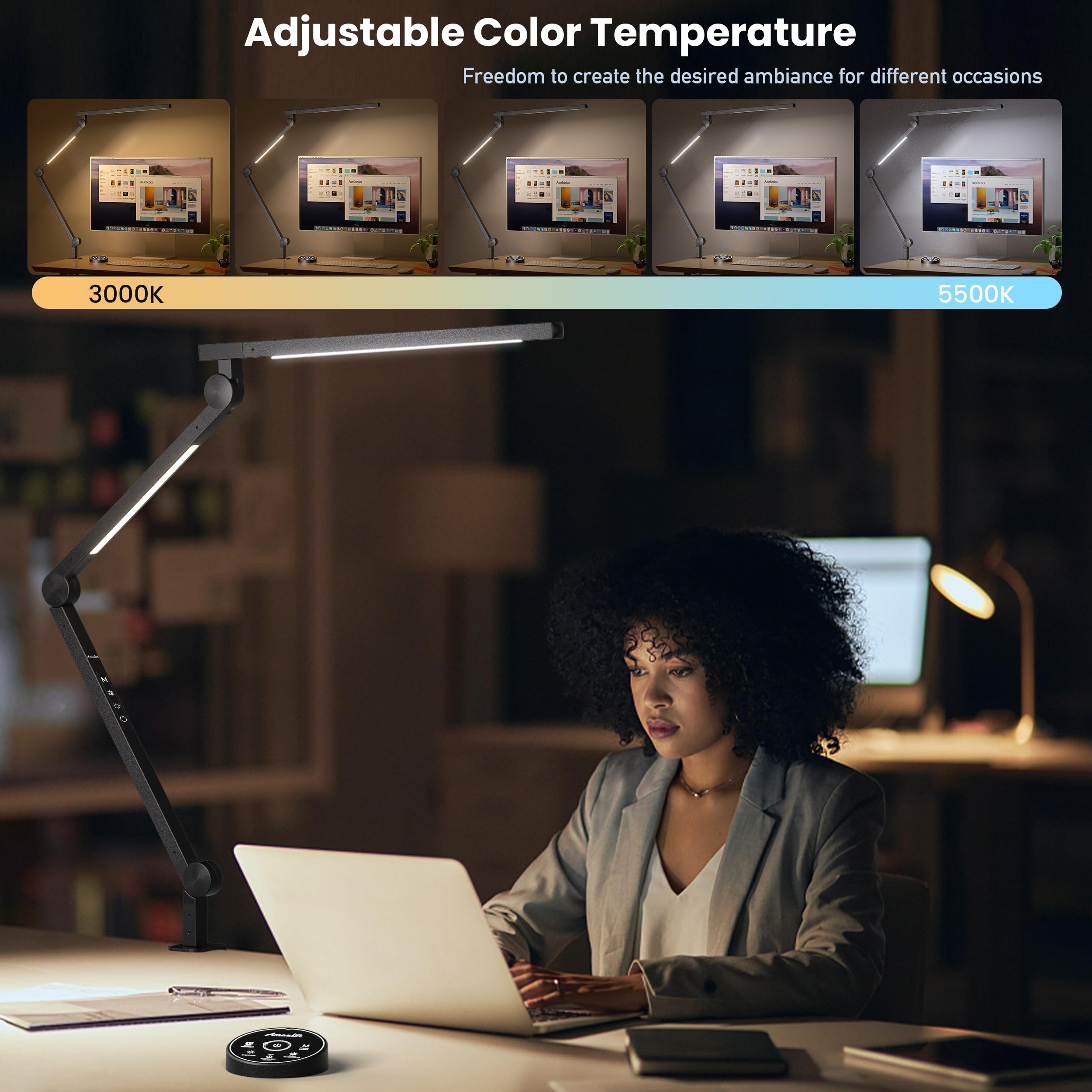 AmazLit Desk Lamp with Clamp, Eye-Care Swing Arm Desk Lamp, Stepless Dimming & Adjustable Color Temperature Modern Architect Lamp with Memory & Timing Function for Study, Work, Home, Office, 10W