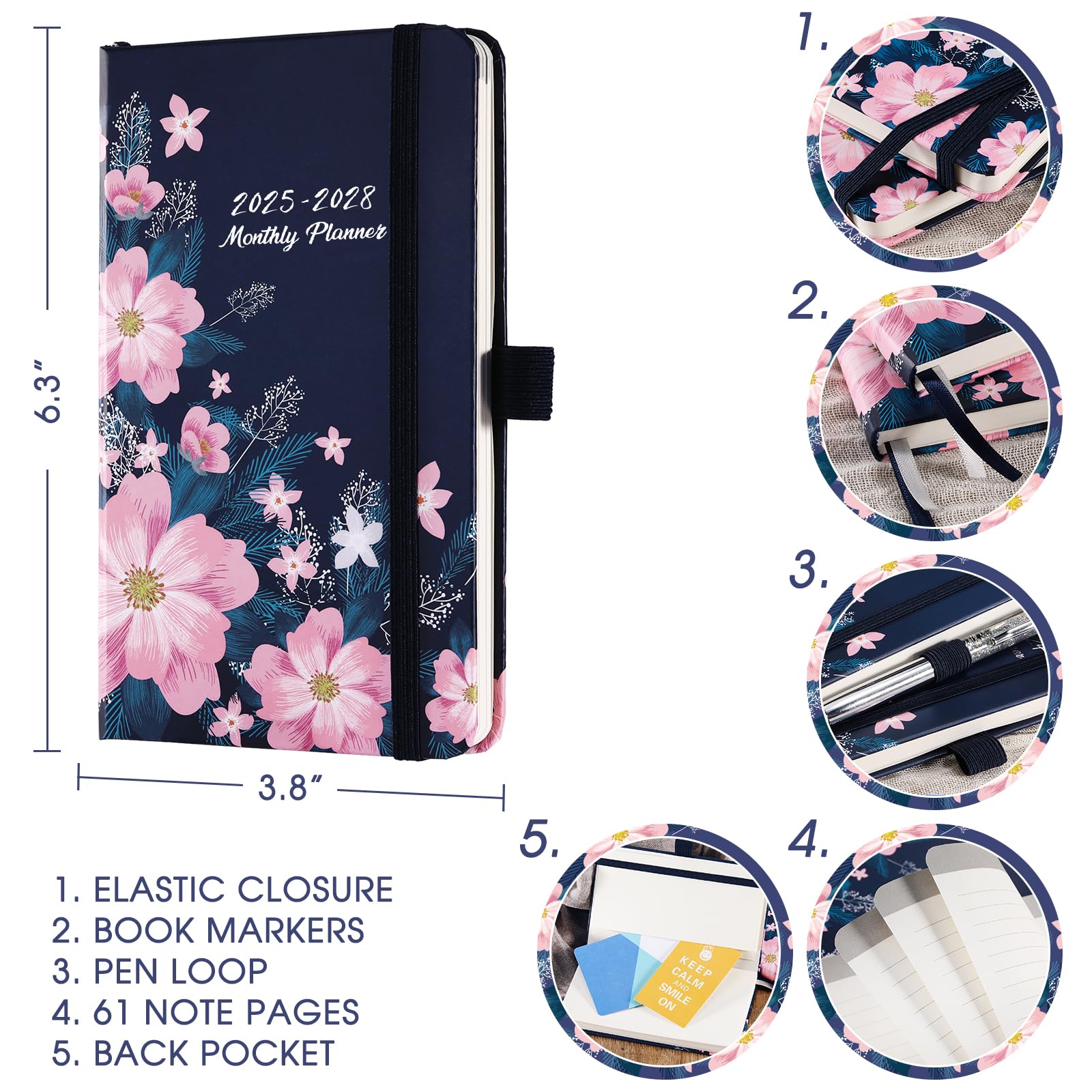 2023-2025 Pocket Planner/Calendar - 3 Year Monthly Planner from Jan 2023 - Dec 2025, 6.3" x 3.8", 2023-2025 Monthly Planner with 61 Notes Pages, Inner Pocket, Pen Loop, Elastic Closure