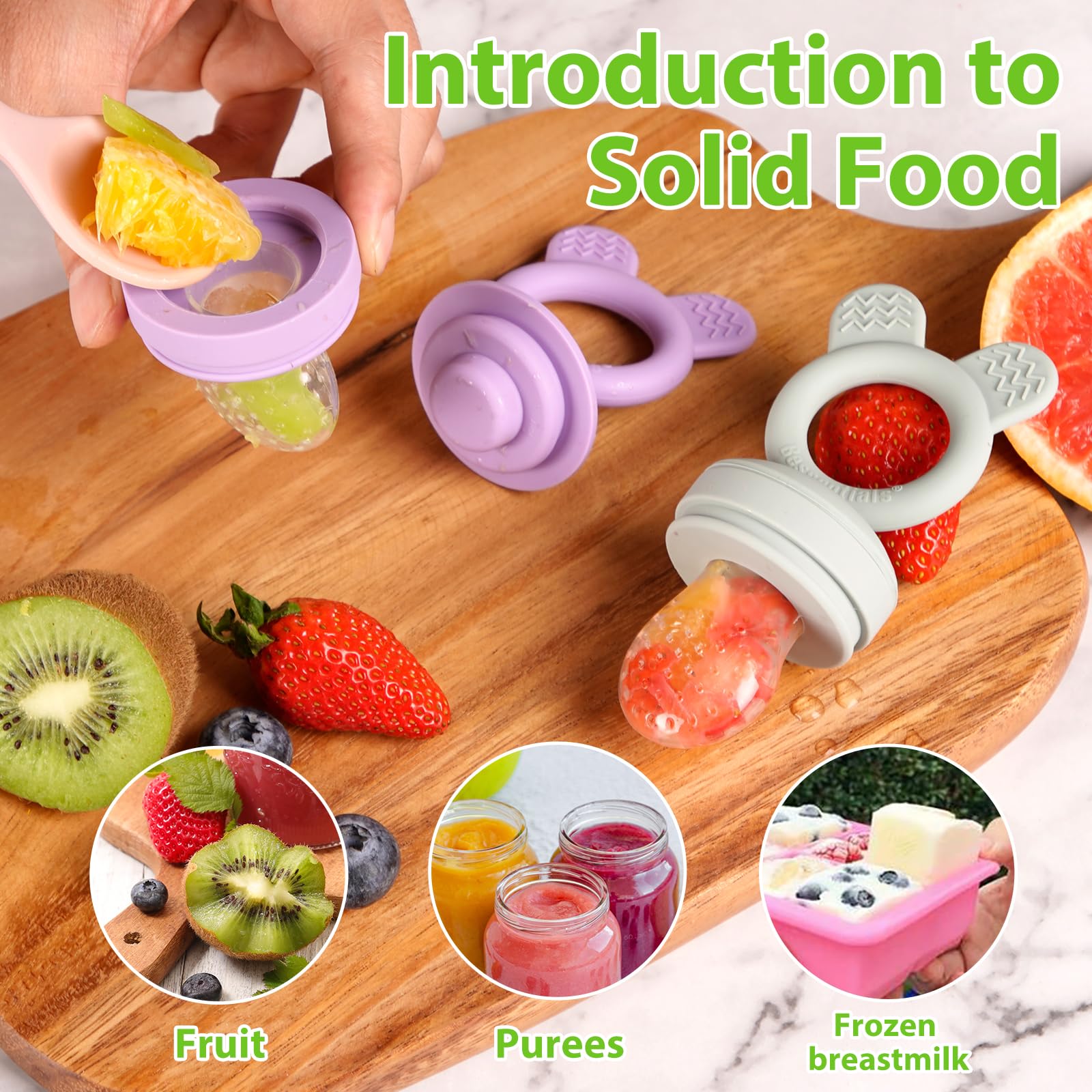 Baby Fruit Food Feeder Pacifier - 2 Packs Silicone Fresh Fruit Feeder BPA Free [S M L Size Silicone Food Pouches Included] (Blue&Pink)