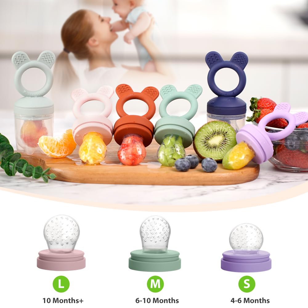 Baby Fruit Food Feeder Pacifier - 2 Packs Silicone Fresh Fruit Feeder BPA Free [S M L Size Silicone Food Pouches Included] (Blue&Pink)