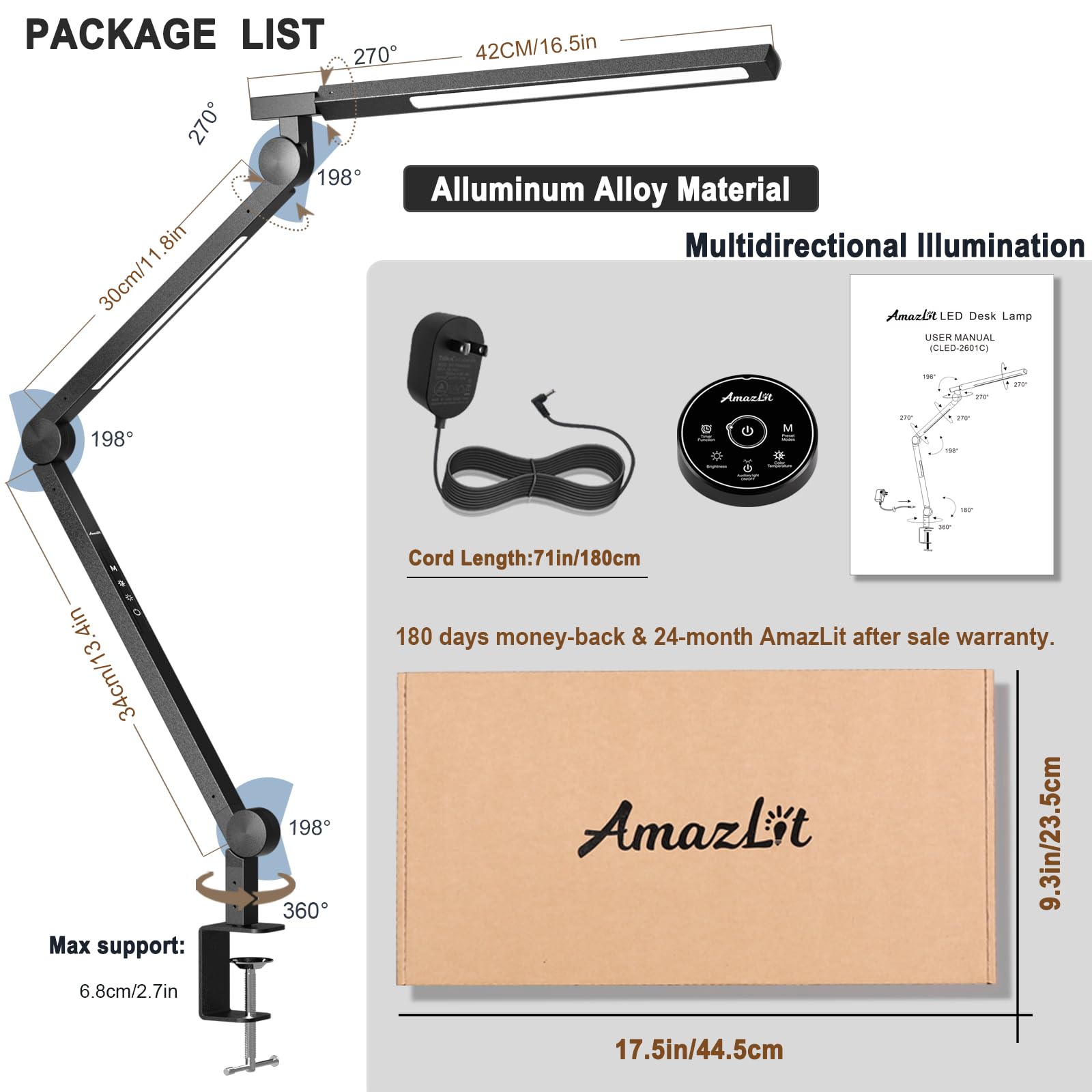 AmazLit Desk Lamp with Clamp, Eye-Care Swing Arm Desk Lamp, Stepless Dimming & Adjustable Color Temperature Modern Architect Lamp with Memory & Timing Function for Study, Work, Home, Office, 10W
