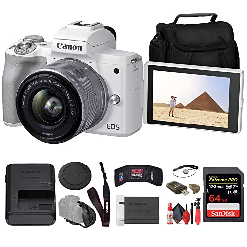 Canon EOS M50 Mark II Mirrorless Camera with 15-45mm Lens (White) (4729C004) + 64GB Memory Card + Card Reader + Case + Flex Tripod + Hand Strap + Memory Wallet + Cap Keeper + Cleaning Kit (Renewed)