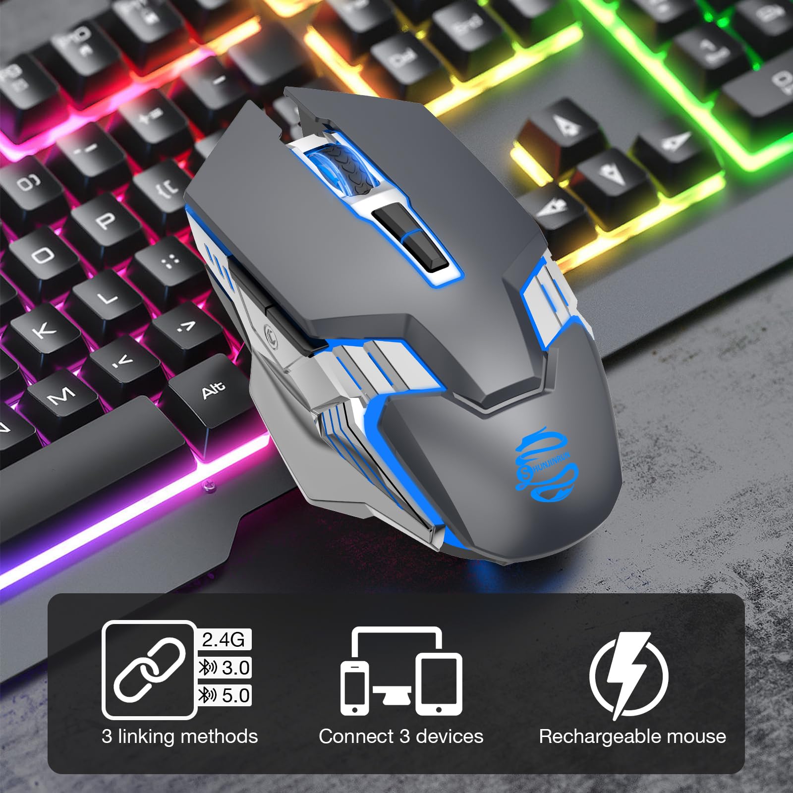 SHUNJINRUN Bluetooth Mouse, Rechargeable Wireless Mouse with 7 Buttons, RGB, 3 Modes, Ergonomic Computer Mouse for Laptop, Mac, PC, Chromebook, iPad, Tablet etc. - Gray