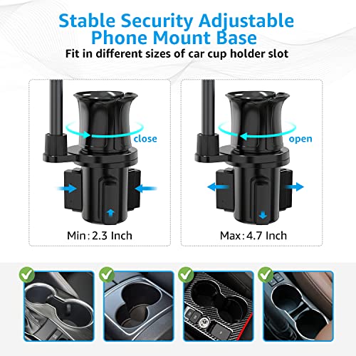 Car Cup Holder Phone Mount, 2 in 1 Universal Cell Phone Mount for Car, Adjustable Long Gooseneck Phone Holder 360° Strong Cup Holder for Car, Compatible with All 4.7''-8.2'' Smartphone Pad Devices