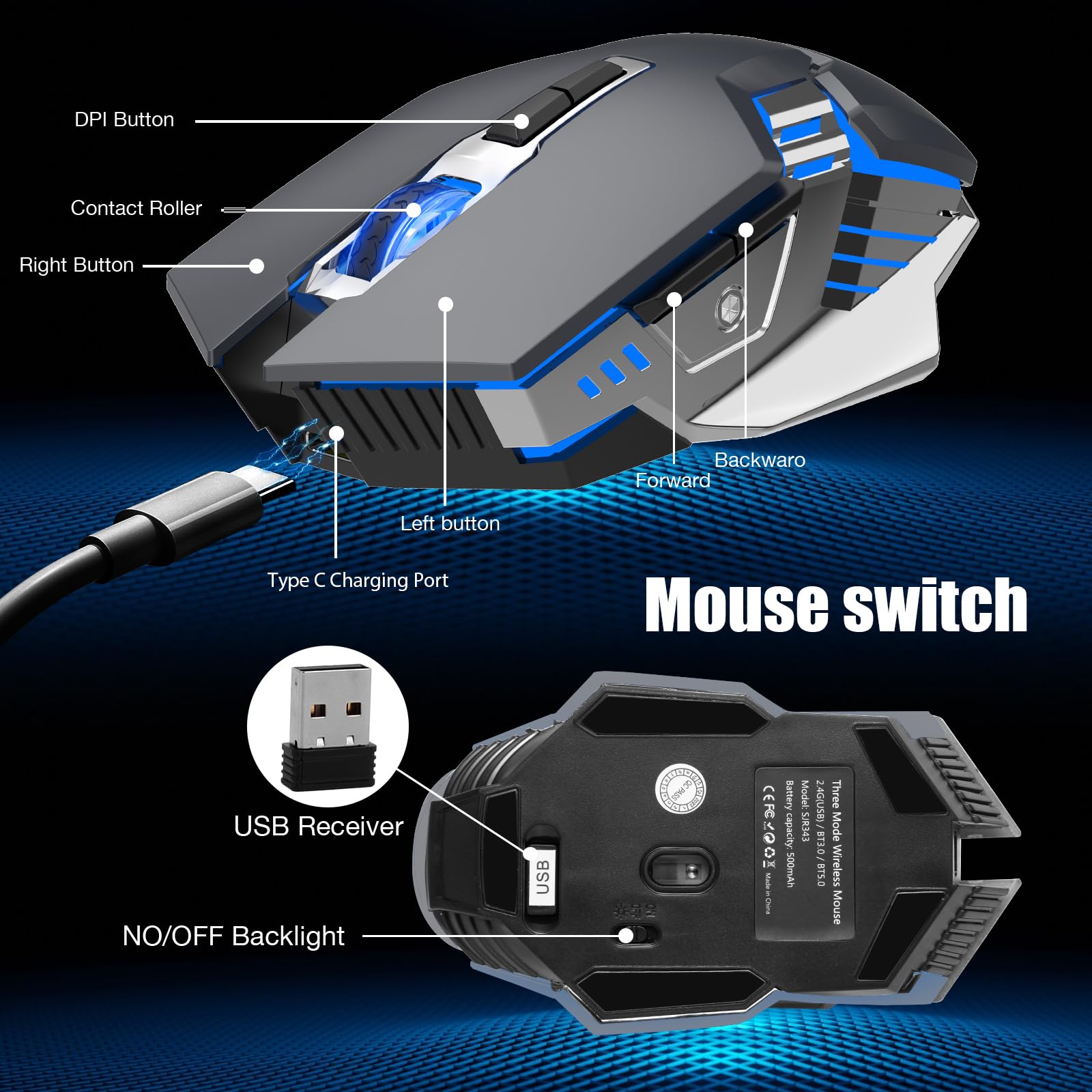 SHUNJINRUN Bluetooth Mouse, Rechargeable Wireless Mouse with 7 Buttons, RGB, 3 Modes, Ergonomic Computer Mouse for Laptop, Mac, PC, Chromebook, iPad, Tablet etc. - Gray