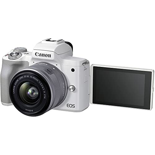 Canon EOS M50 Mark II Mirrorless Camera with 15-45mm Lens (White) (4729C004) + 64GB Memory Card + Card Reader + Case + Flex Tripod + Hand Strap + Memory Wallet + Cap Keeper + Cleaning Kit (Renewed)