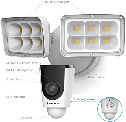 Amcrest Floodlight Camera, Smart Home 1080P Security Outdoor Camera Wireless WiFi with Flood Light, Built-in Siren Alarm, 114° View, IP65 Waterproof, MicroSD & Cloud Storage, ASH26-W