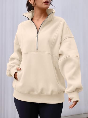 AUTOMET Women's Half Zip Oversized Sweatshirts Fleece Pullover Long Hoodies Casual Mock Turtleneck Sweaters with Pockets Apricot XL