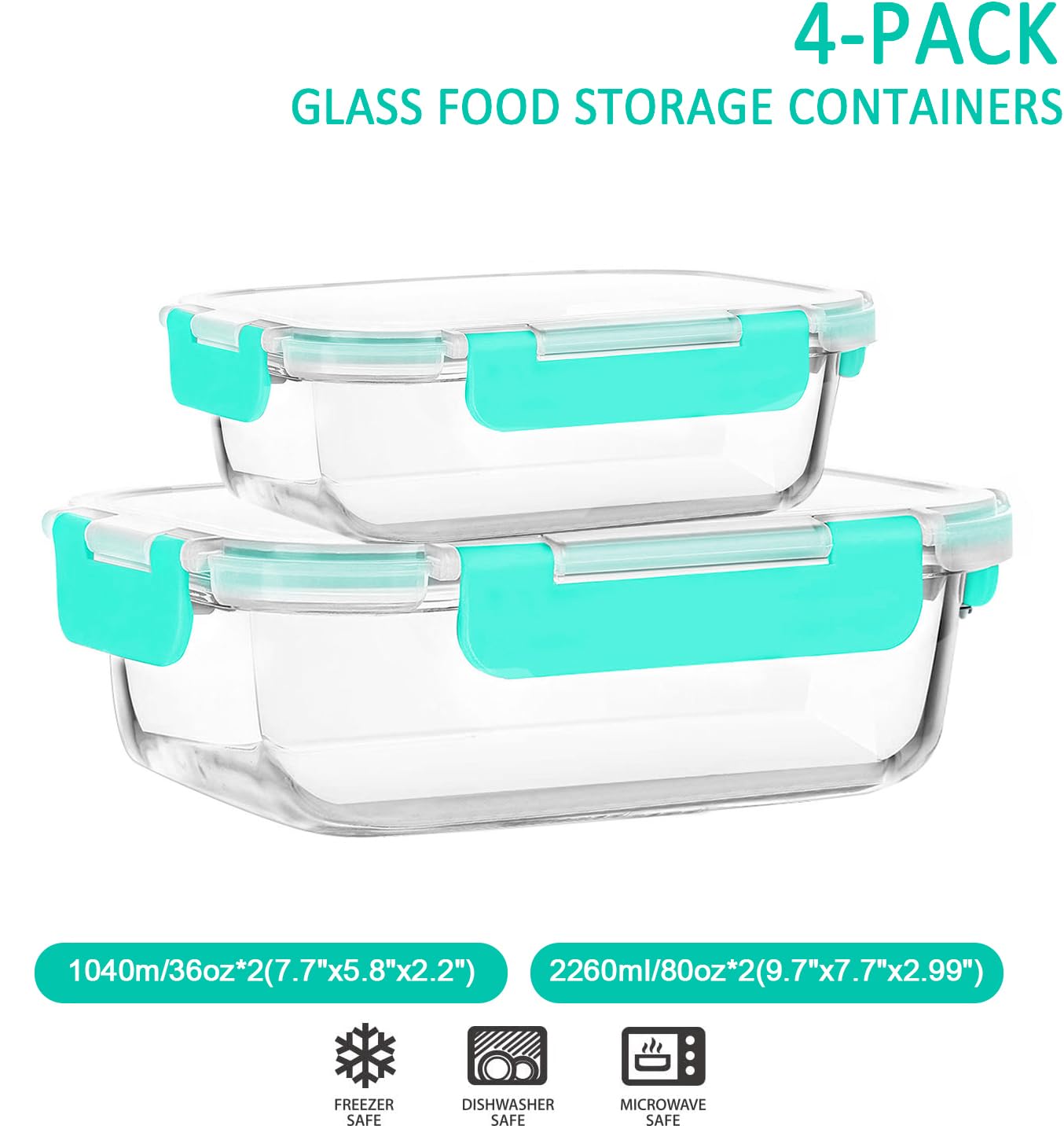 [80 oz & 36 oz]Extra Large Glass Food Storage/Baking Containers Set with Locking Lids, 2 Pack 80 oz(10 cup)&2 Pack 36 oz (4.5 cup)Airtight Glass Container,Microwave,Oven,Freezer and Dishwasher