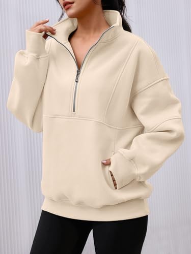AUTOMET Women's Half Zip Oversized Sweatshirts Fleece Pullover Long Hoodies Casual Mock Turtleneck Sweaters with Pockets Apricot XL