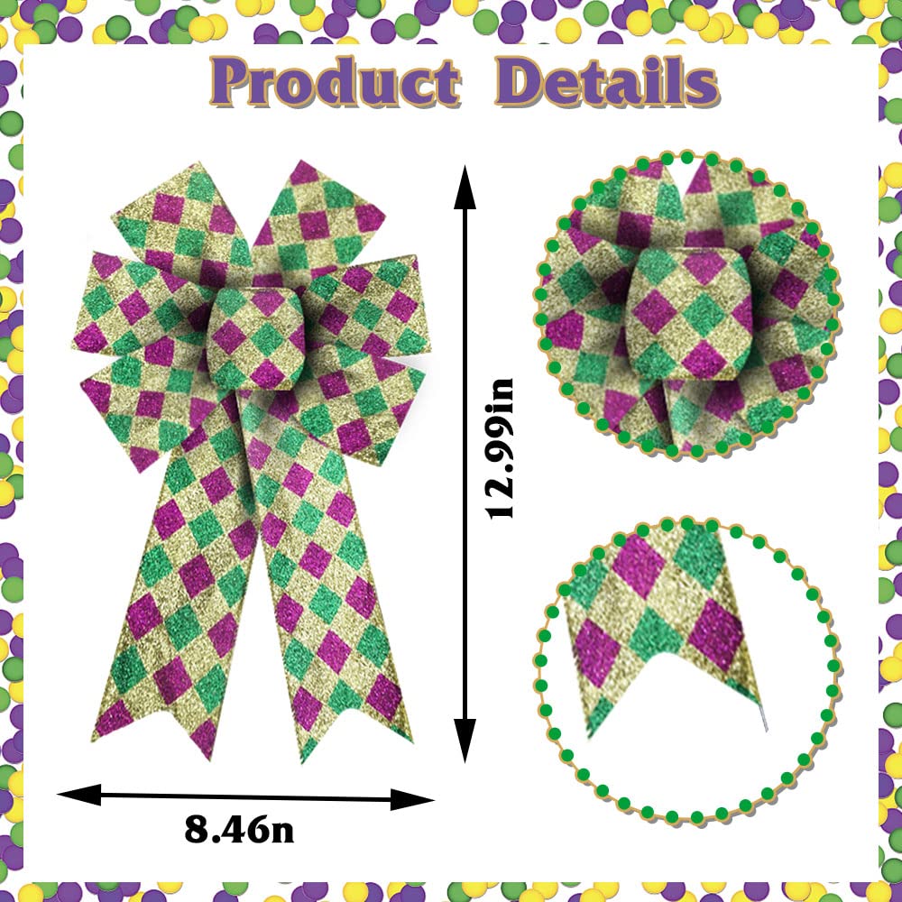 Estivaux 2 Pieces Mardi Gras Bows for Wreath, Mardi Gras Wreath Bows Glitter Green Purple Gold Stripe Bows Fat Tuesday Bows Bows for Front Door Mardi Gras Masquerade Party Decorations
