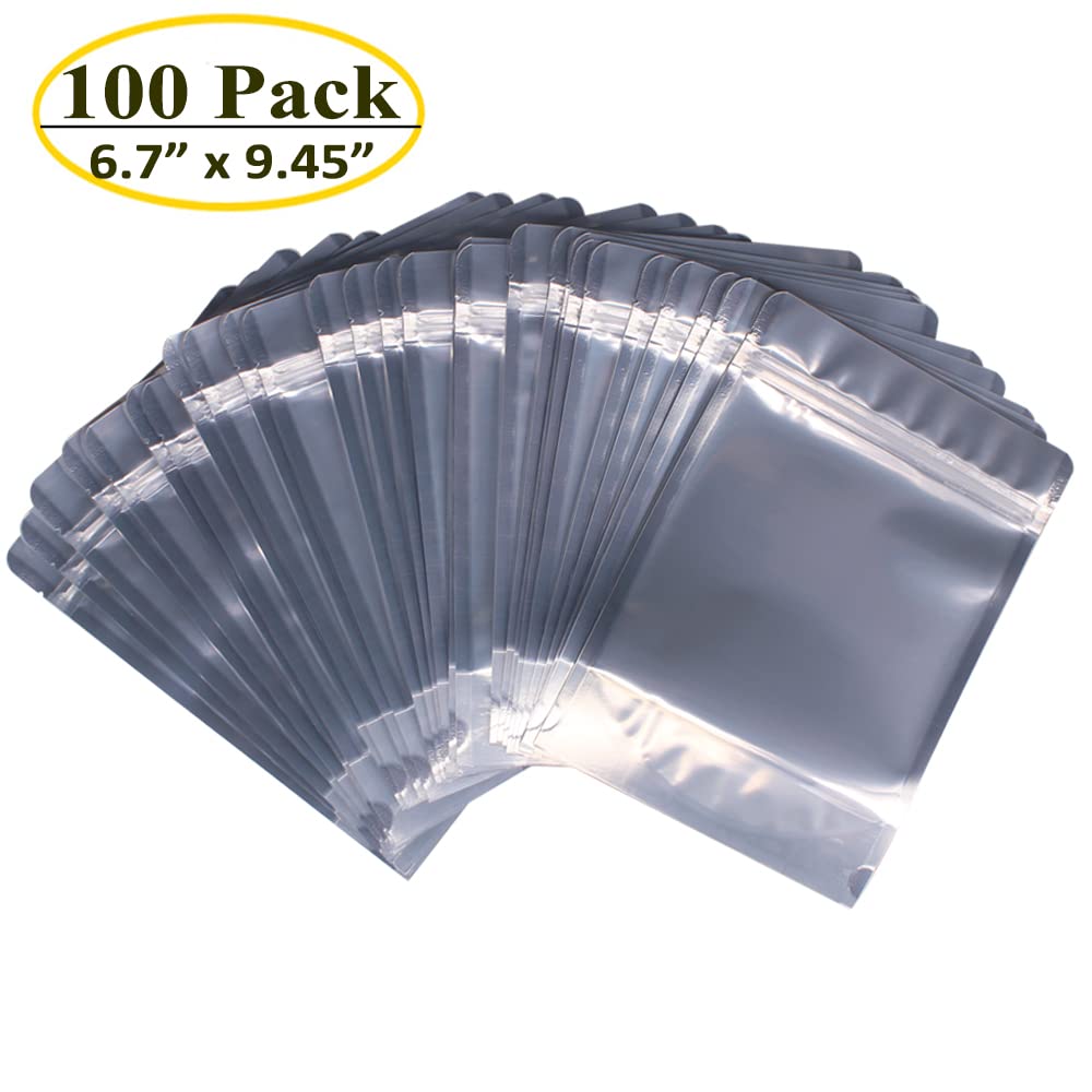 Belinlen 100 Pack 6 x 9 Inch Stand Up Pouch Bags Zipper Mylar Bags Clear Front with Aluminum Foil Back Reusable Food Storage Bags for Multipurpose with Gusset Bottom(5.5mil Thickness)