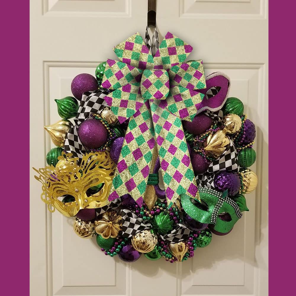 Estivaux 2 Pieces Mardi Gras Bows for Wreath, Mardi Gras Wreath Bows Glitter Green Purple Gold Stripe Bows Fat Tuesday Bows Bows for Front Door Mardi Gras Masquerade Party Decorations
