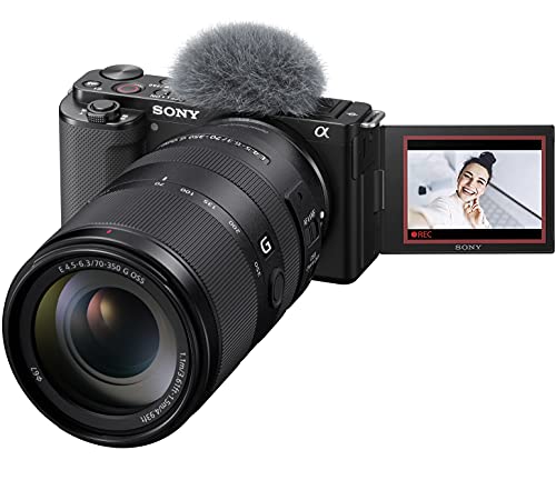 Sony ZV-E10 Mirrorless Alpha APS-C Vlog Camera Body and 70-350mm F4.5-6.3 G OSS Super-Telephoto Lens SEL70350G ILCZV-E10/B Black Bundle with Deco Gear Case, Extra Battery, Photo Video Accessories Kit