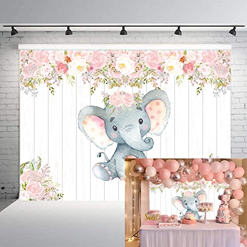 INRUI Elephant Theme Photography Background Pink Floral Elephant Baby Shower Party Decoration Backdrop 7x5FT