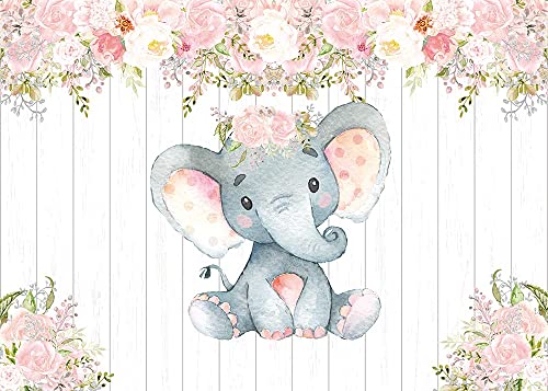 INRUI Elephant Theme Photography Background Pink Floral Elephant Baby Shower Party Decoration Backdrop 7x5FT