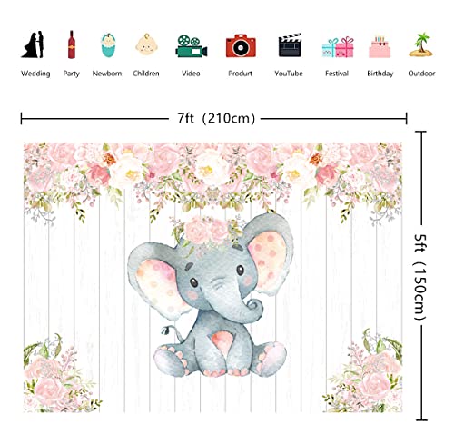 INRUI Elephant Theme Photography Background Pink Floral Elephant Baby Shower Party Decoration Backdrop 7x5FT