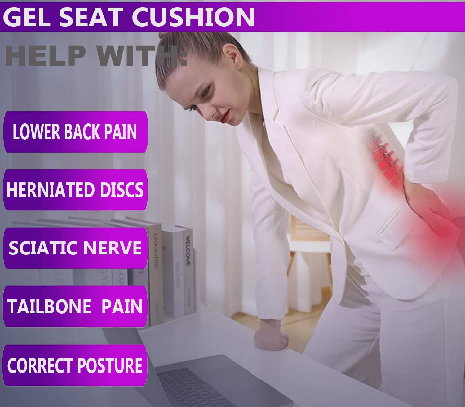 Extra Large Gel Seat Cushion Pillow for Long Sitting β Enhanced Office Chair Car Egg Seat Cushion with Non-Slip Cover for Back, Coccyx & Tailbone Pain Relief Pad - Computer Desk Pain Relief Pad