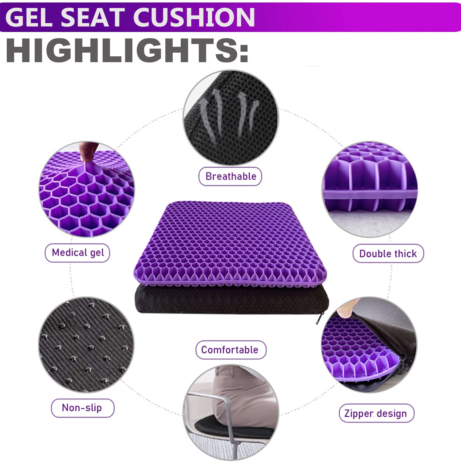 Extra Large Gel Seat Cushion Pillow for Long Sitting β Enhanced Office Chair Car Egg Seat Cushion with Non-Slip Cover for Back, Coccyx & Tailbone Pain Relief Pad - Computer Desk Pain Relief Pad