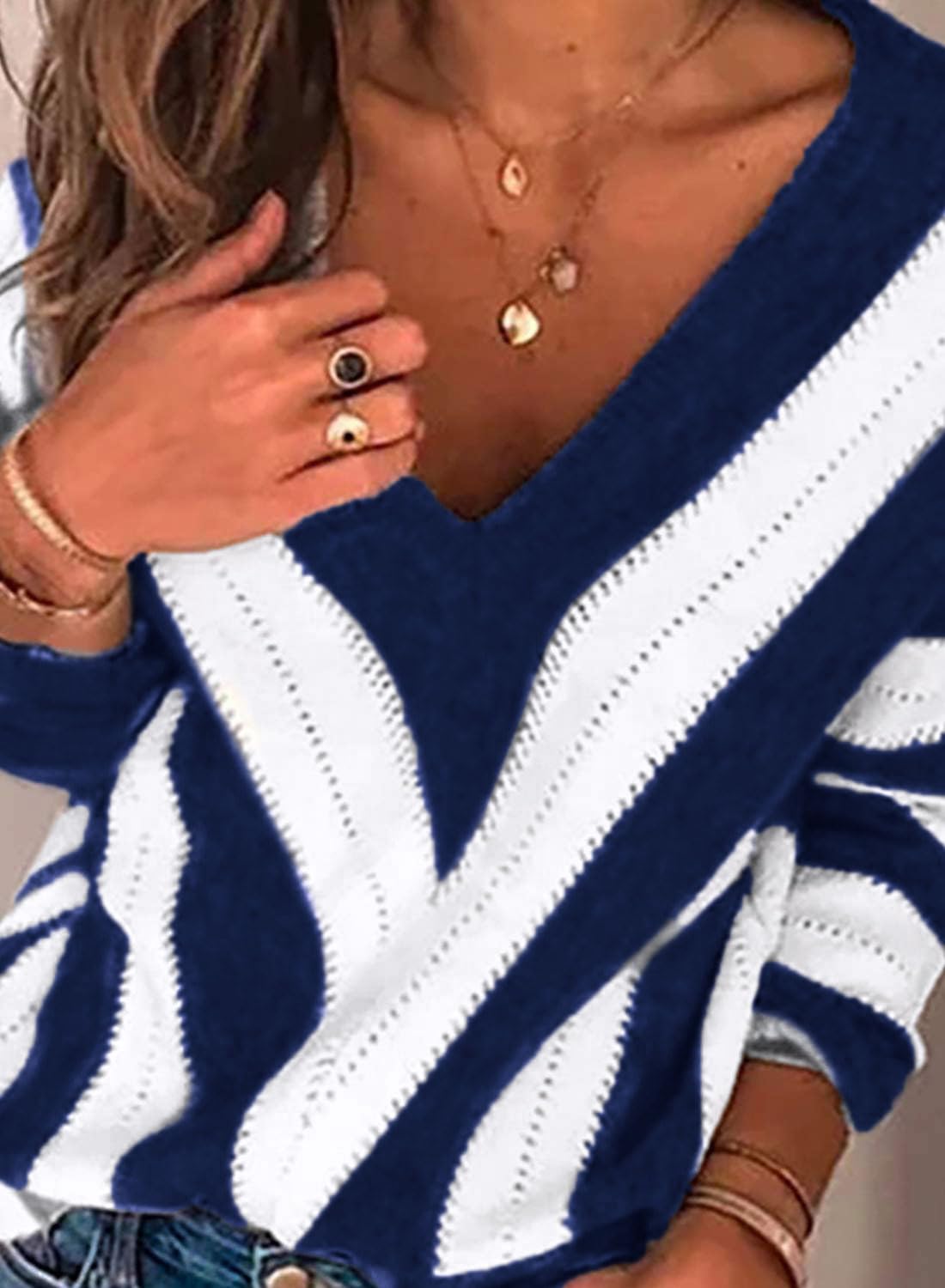 PRETTYGARDEN Women's Fashion Long Sleeve Striped Color Block Knitted Sweater Crew Neck Loose Pullover Jumper Tops (Striped Blue,XX-Large)