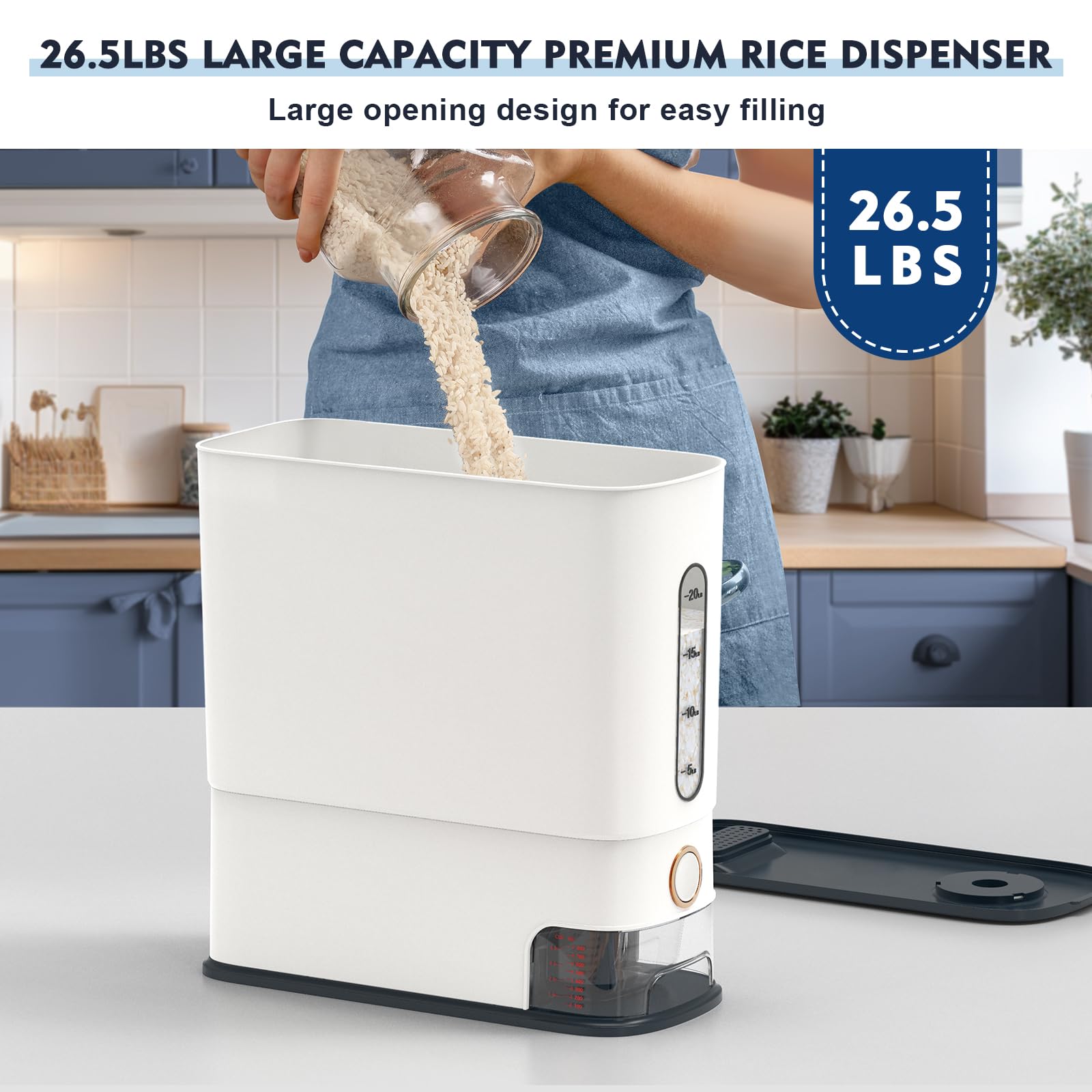 Ubooop 26.5 Lbs Rice Dispenser, Large Dry Food Dispenser with Measuring Cup, for Rice, Beans, Cereals, Perfect for Kitchen Pantry Organization