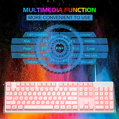 Gaming Keyboard and Mouse Combo, K1 7 Colors LED Backlit with 104 Keys Computer Keyboard for PC/Laptop (White & Pink)
