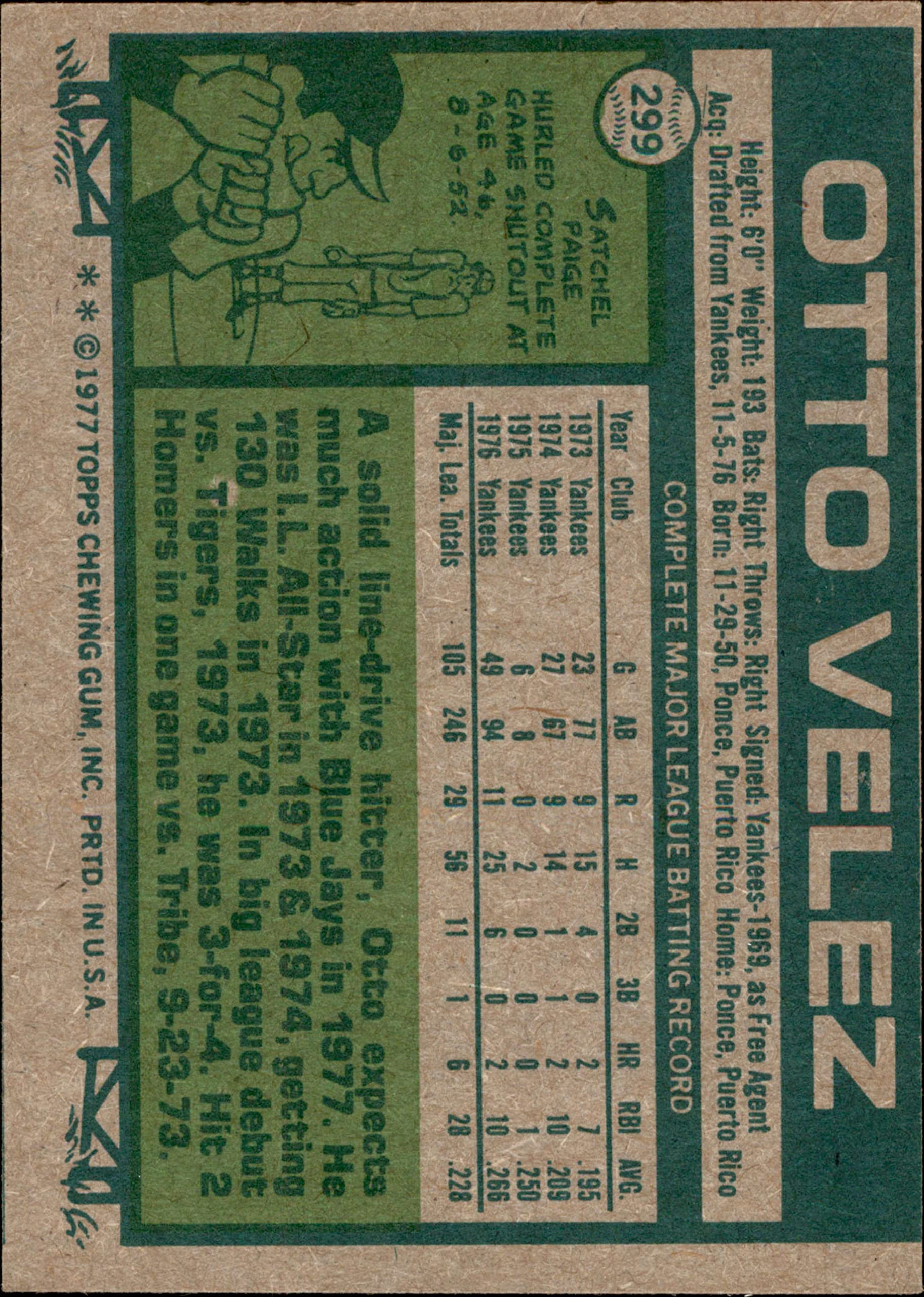 1977 Topps # 299 Otto Velez Toronto Blue Jays (Baseball Card) VG/EX Blue Jays