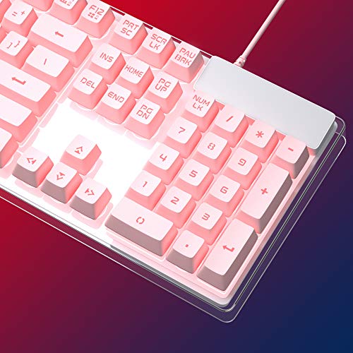 Gaming Keyboard and Mouse Combo, K1 7 Colors LED Backlit with 104 Keys Computer Keyboard for PC/Laptop (White & Pink)