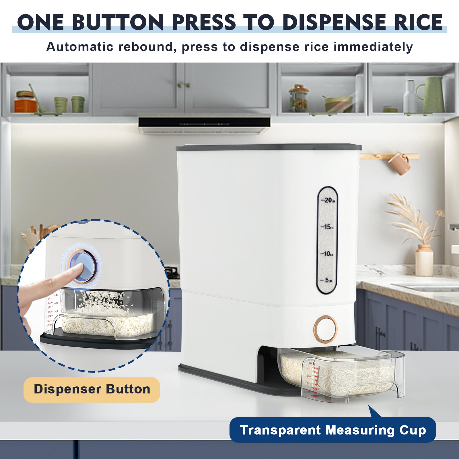 Ubooop 26.5 Lbs Rice Dispenser, Large Dry Food Dispenser with Measuring Cup, for Rice, Beans, Cereals, Perfect for Kitchen Pantry Organization