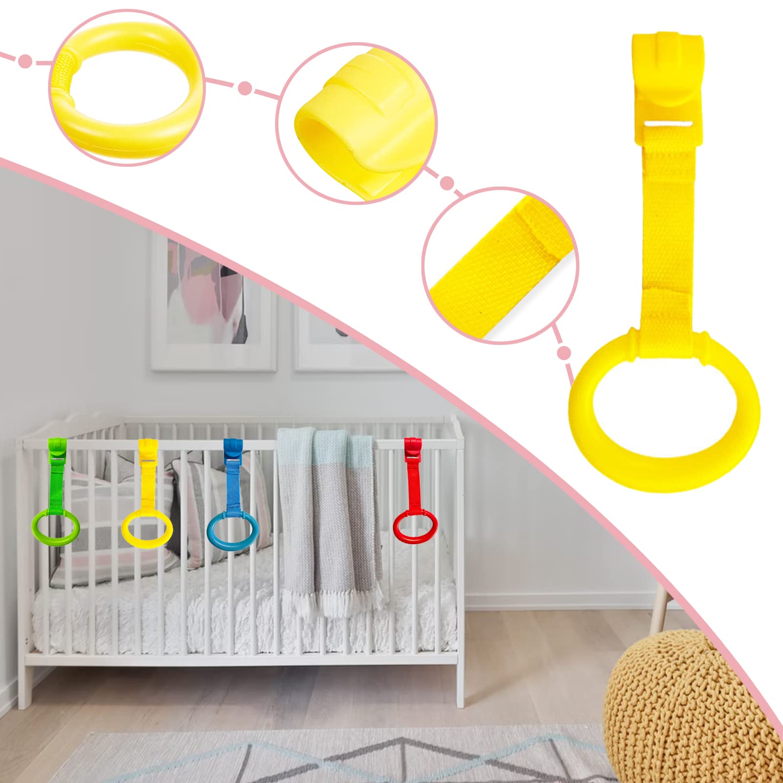 4 Pieces Baby Crib Pull Ring Baby Stand Up Walker Tool Ring Baby Bed Stand Up Rings Walking Assistant Toddler Activity Kids Walking Training Tool