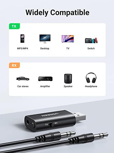 UGREEN Bluetooth 5.1 Transmitter Receiver 2 in 1 Wireless USB Bluetooth Adapter Built-in Microphone 3.5mm Audio Bluetooth Dongle Driver Free for TV, Home Stereo, Car Stereo, Headphones, Speakers, PC