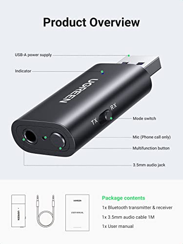 UGREEN Bluetooth 5.1 Transmitter Receiver 2 in 1 Wireless USB Bluetooth Adapter Built-in Microphone 3.5mm Audio Bluetooth Dongle Driver Free for TV, Home Stereo, Car Stereo, Headphones, Speakers, PC