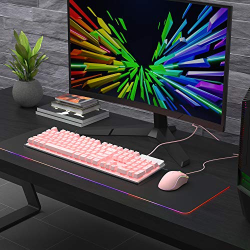 Gaming Keyboard and Mouse Combo, K1 7 Colors LED Backlit with 104 Keys Computer Keyboard for PC/Laptop (White & Pink)