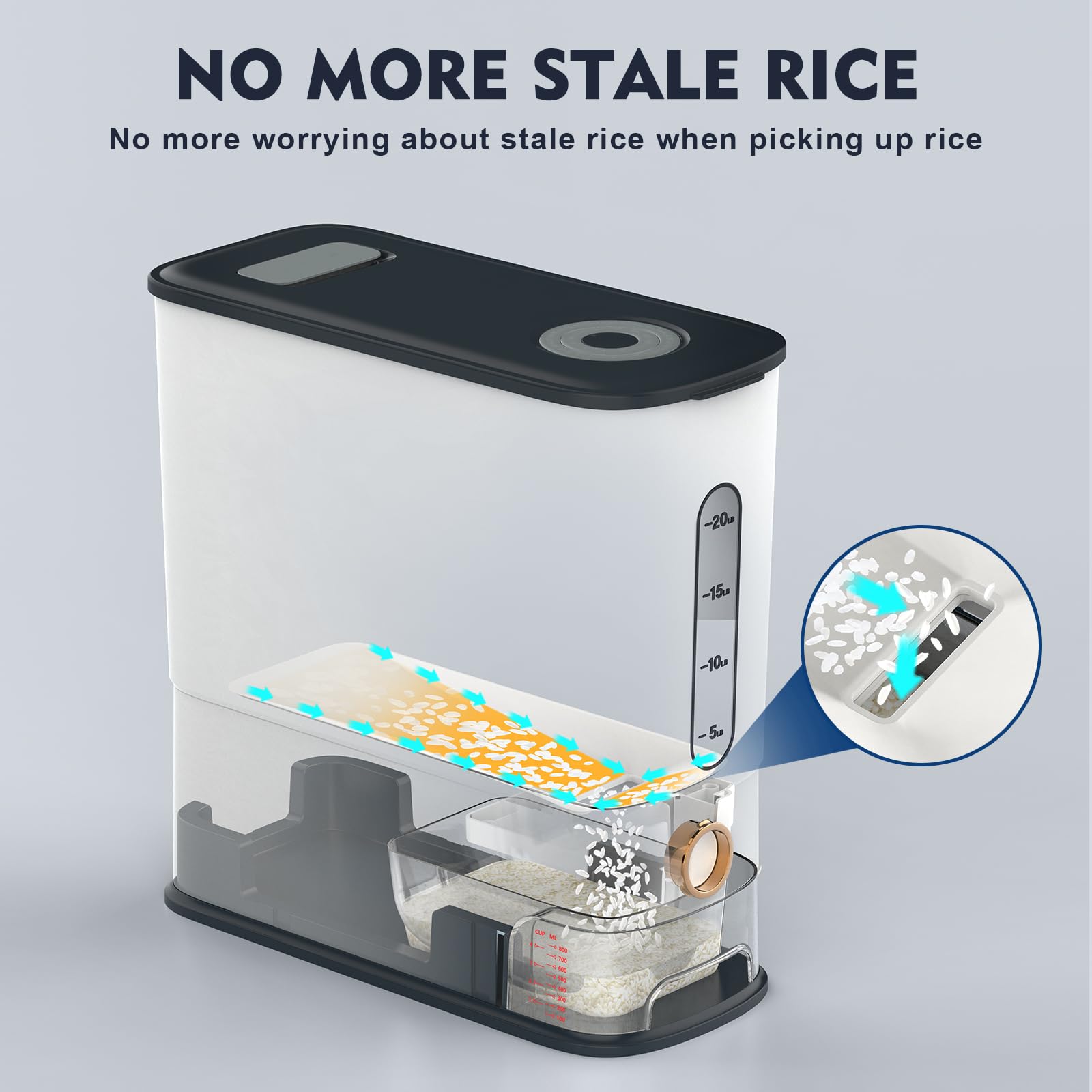 Ubooop 26.5 Lbs Rice Dispenser, Large Dry Food Dispenser with Measuring Cup, for Rice, Beans, Cereals, Perfect for Kitchen Pantry Organization