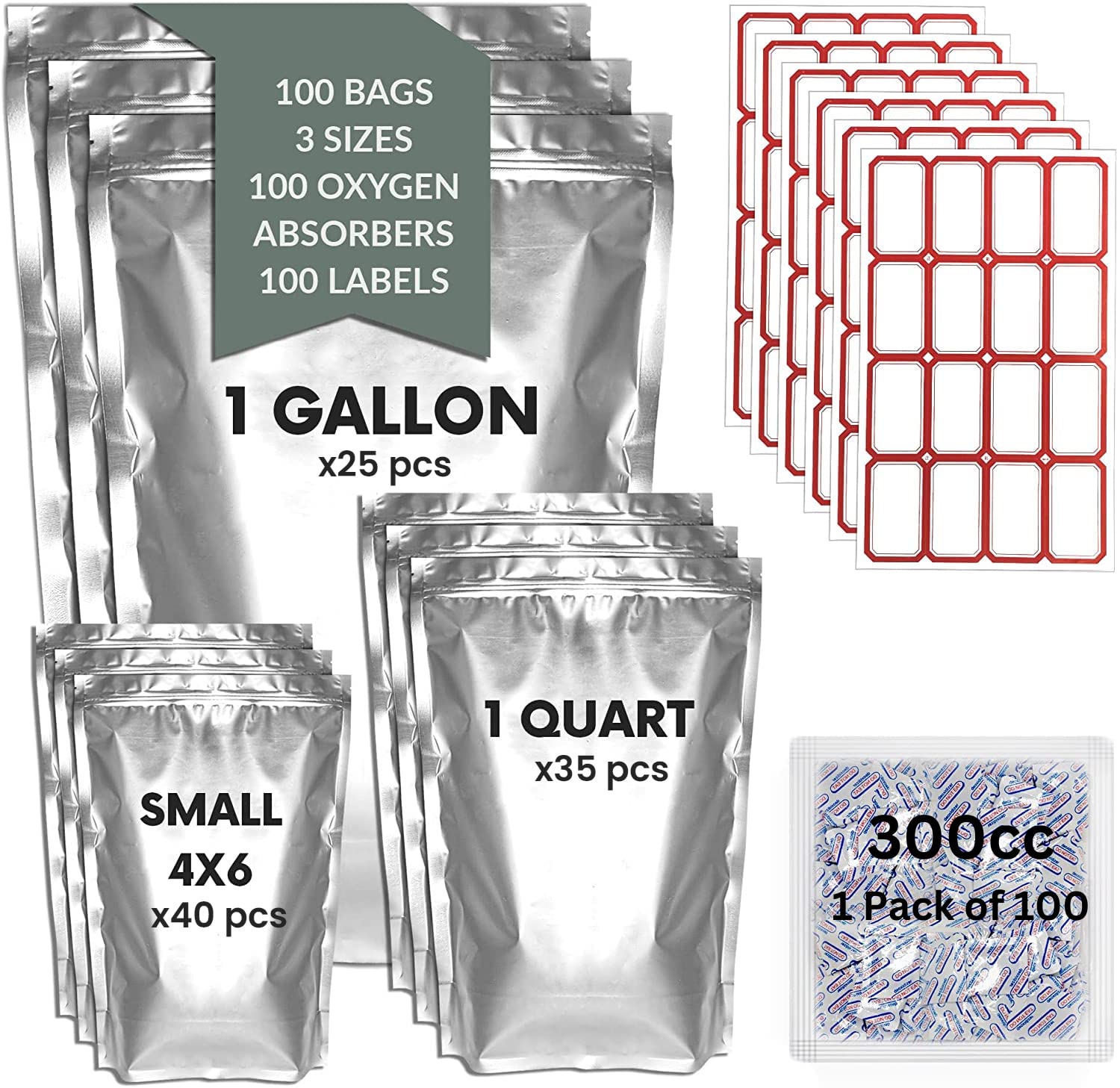 100 MYbag Mylar Bags for Food Storage With Oxygen Absorbers 5 Mil Thick 300cc Labels, 4"x6" Resealable Mylar Bag for Candy, Packaging ,Long Term Storage ,Variety Pack of 10"x14", 6"x9"