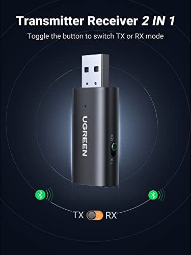 UGREEN Bluetooth 5.1 Transmitter Receiver 2 in 1 Wireless USB Bluetooth Adapter Built-in Microphone 3.5mm Audio Bluetooth Dongle Driver Free for TV, Home Stereo, Car Stereo, Headphones, Speakers, PC