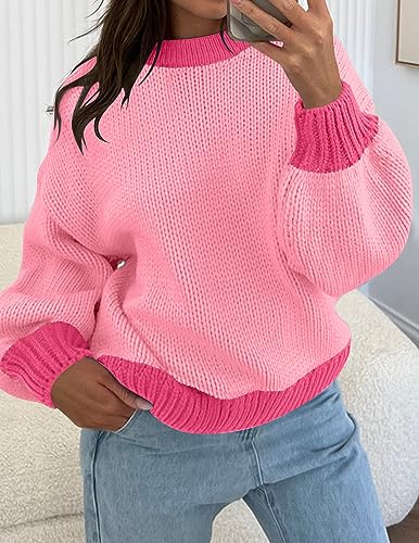 ZESICA Women's Casual Long Sleeve Crew Neck Pullover 2025 Spring Ribbed Knit Loose Contrast Color Sweater Tops,HotPink,Medium
