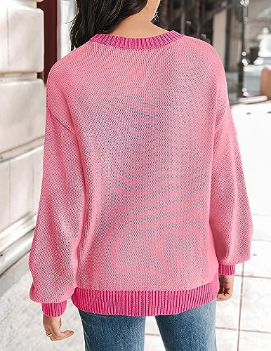 ZESICA Women's Casual Long Sleeve Crew Neck Pullover 2025 Spring Ribbed Knit Loose Contrast Color Sweater Tops,HotPink,Medium