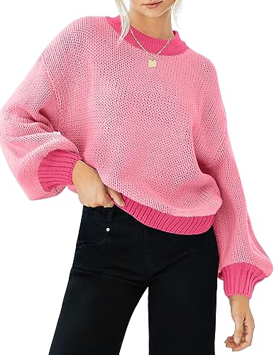 ZESICA Women's Casual Long Sleeve Crew Neck Pullover 2025 Spring Ribbed Knit Loose Contrast Color Sweater Tops,HotPink,Medium