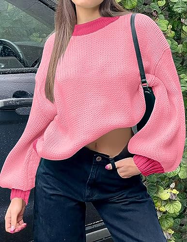 ZESICA Women's Casual Long Sleeve Crew Neck Pullover 2025 Spring Ribbed Knit Loose Contrast Color Sweater Tops,HotPink,Medium