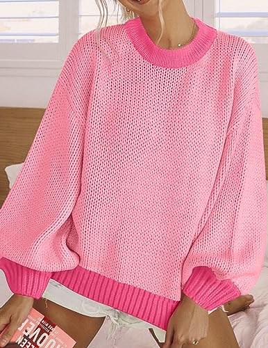 ZESICA Women's Casual Long Sleeve Crew Neck Pullover 2025 Spring Ribbed Knit Loose Contrast Color Sweater Tops,HotPink,Medium