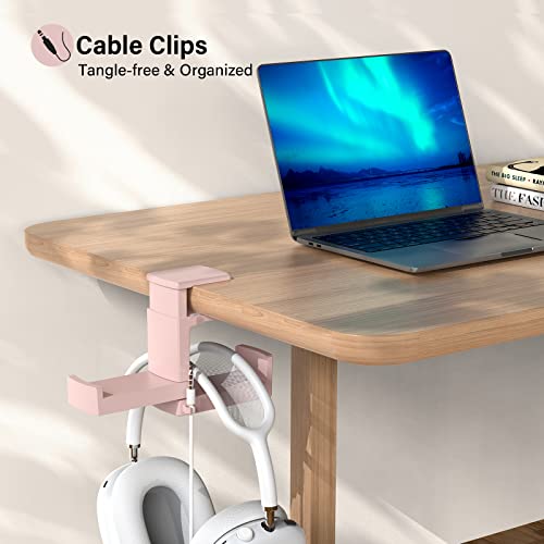 Dual Headphone Stand Holder - EURPMASK 2 in 1 PC Gaming Headset Hooks, 360 Degree Rotating Headphone Hanger with Adjustable Clamp & Cable Clip Organizer, Headset Mount Under Desk Earphone Clamp-Pink