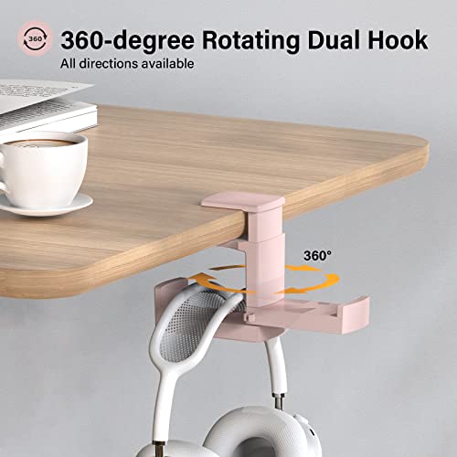 Dual Headphone Stand Holder - EURPMASK 2 in 1 PC Gaming Headset Hooks, 360 Degree Rotating Headphone Hanger with Adjustable Clamp & Cable Clip Organizer, Headset Mount Under Desk Earphone Clamp-Pink