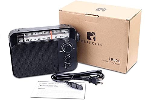 Retekess TR604 AM FM Radio Portable Transistor Analog Radio with 3.5mm Earphone Jack Battery Operated by 3 D Cell Batteries AC Power for Elders (Black)