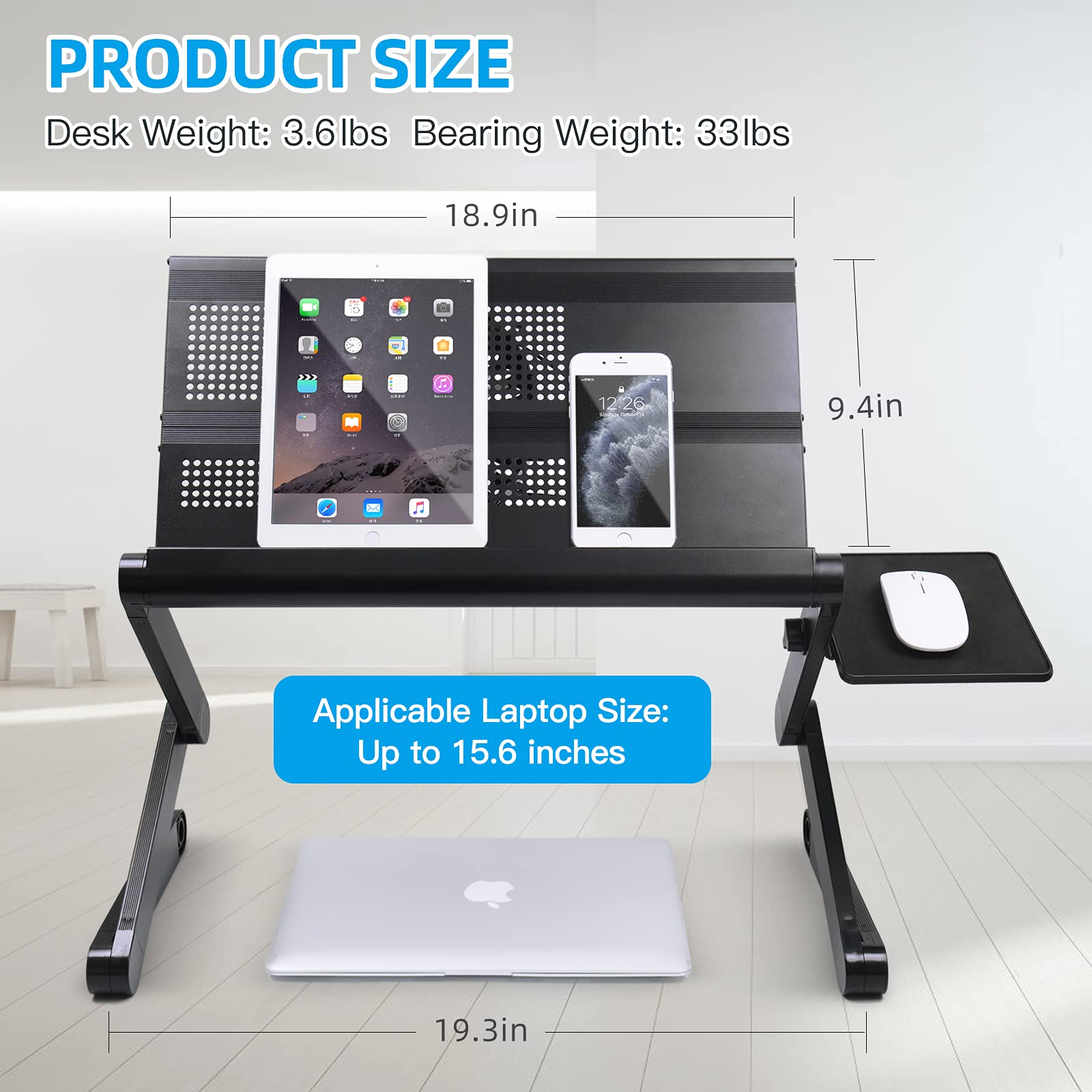 Upgraded Aluminum Laptop Stand Adjustable with Cooling Fan and Mouse Pad, Reinforced Ergonomic Lap Desk Foldable Portable Computer Table for Bed Sofa Couch Office (Extra Wide Tray: 19", Black)