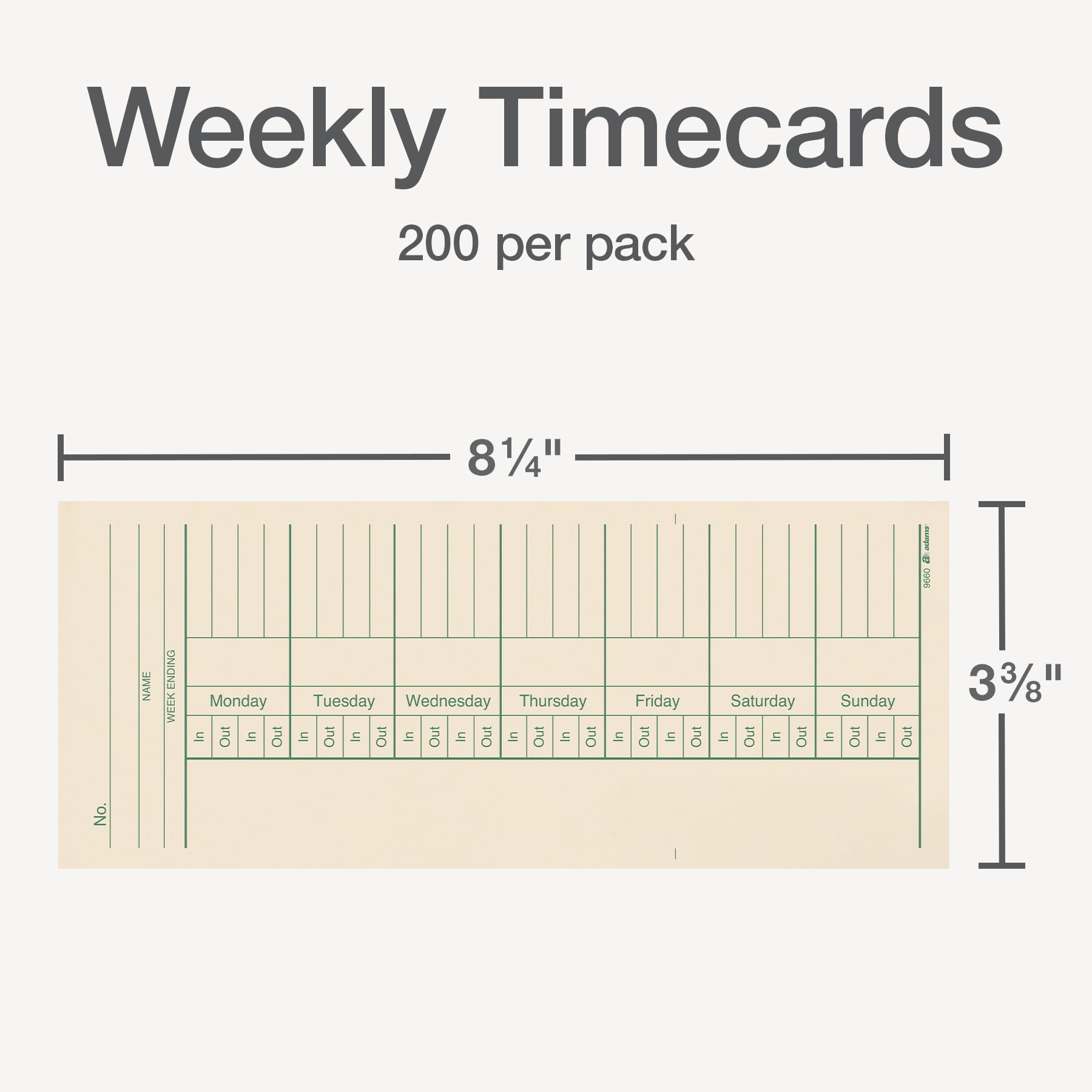 Adams Time Cards, Weekly, 2-Sided, Overtime Format, 3-3/8" x 8-1/4", Manila, Green/Red Print, 200-Count (9660-200)