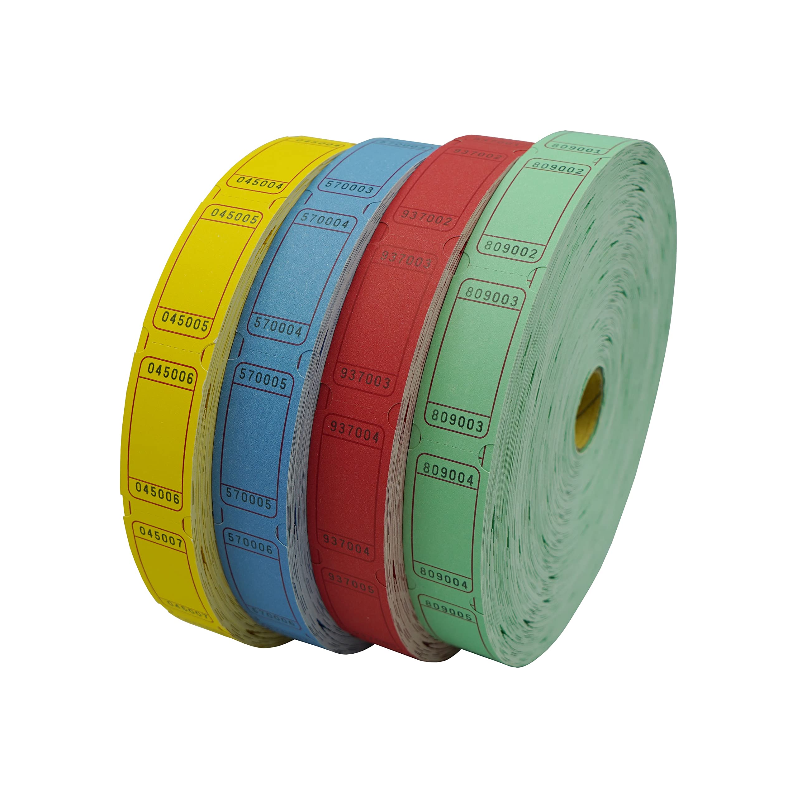 DNB 8000 Pcs Raffle Tickets - 4 Color Set of 2000 Pcs 2 x 1 Inch Single Roll Consecutively Numbered Blank Tickets - Blue/Yellow/Red/Green