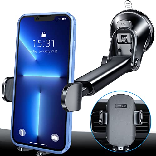 APPS2Car Phone Mount for Car, 3-in-1 Suction Cup Phone Holder for Car Dashboard Windshield Vent Universal Cell Phone Holder for Car, Compatible with iPhone, Samsung, All Cellphone, Thick Case Friendly