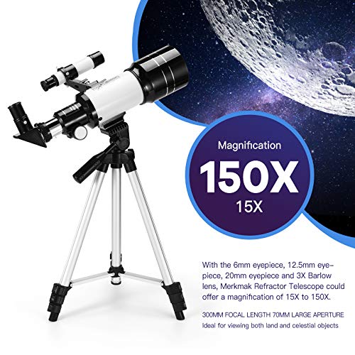 Merkmak Telescopes for Adults Astronomy, Telescope 70mm Aperture 300mm AZ Mount Refractor Telescope for Kids Beginners (15X-150X) - Telescope with Adjustable Tripod, Phone Adapter and Backpack