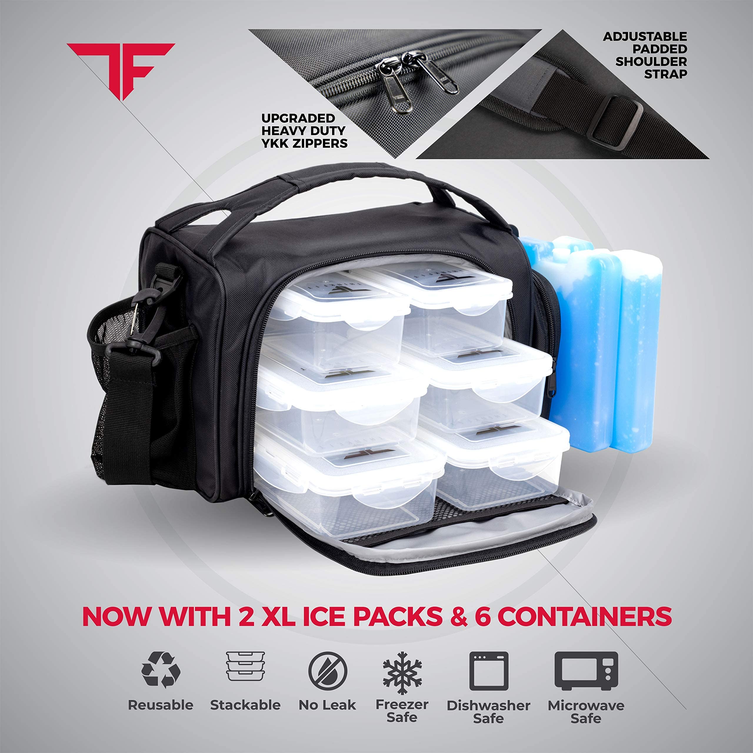 ThinkFit Insulated Meal Prep Lunch Box with 6 BPA-Free, Reusable, Microwavable, Freezer Safe Food Portion-Control Containers, Shaker Cup, Pill Organizer, Lunch Bag with Storage Pocket - (Black)
